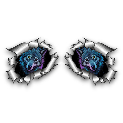 2x Small Wolf Face Drip Effect Ripped Metal Vinyl Sticker Decals ...