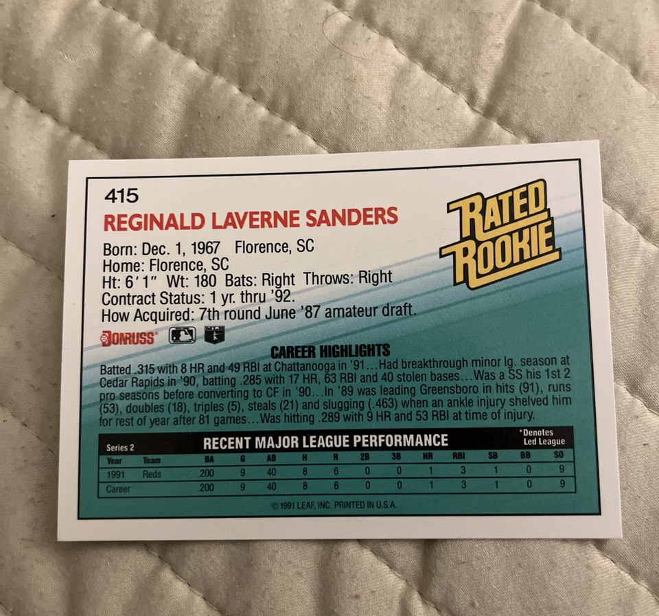 Vintage 1992 Donruss Rated Rookie Reggie Sanders Baseball Card #415 ...