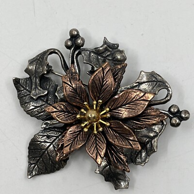 Estate Kenneth Cole KC Silver Copper Gold Tone Brooch Poinsettia Flower ...