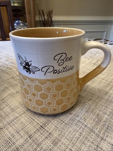 Inspirational“Bee Positive” Mug In Yellow, Cream & Black With Embossed ...