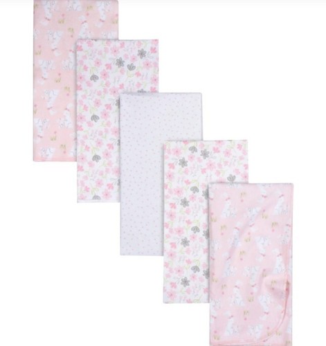 NWT Gerber Baby Girl Cotton Flannel Receiving Blanket 5-Pack Pink Bunny ...