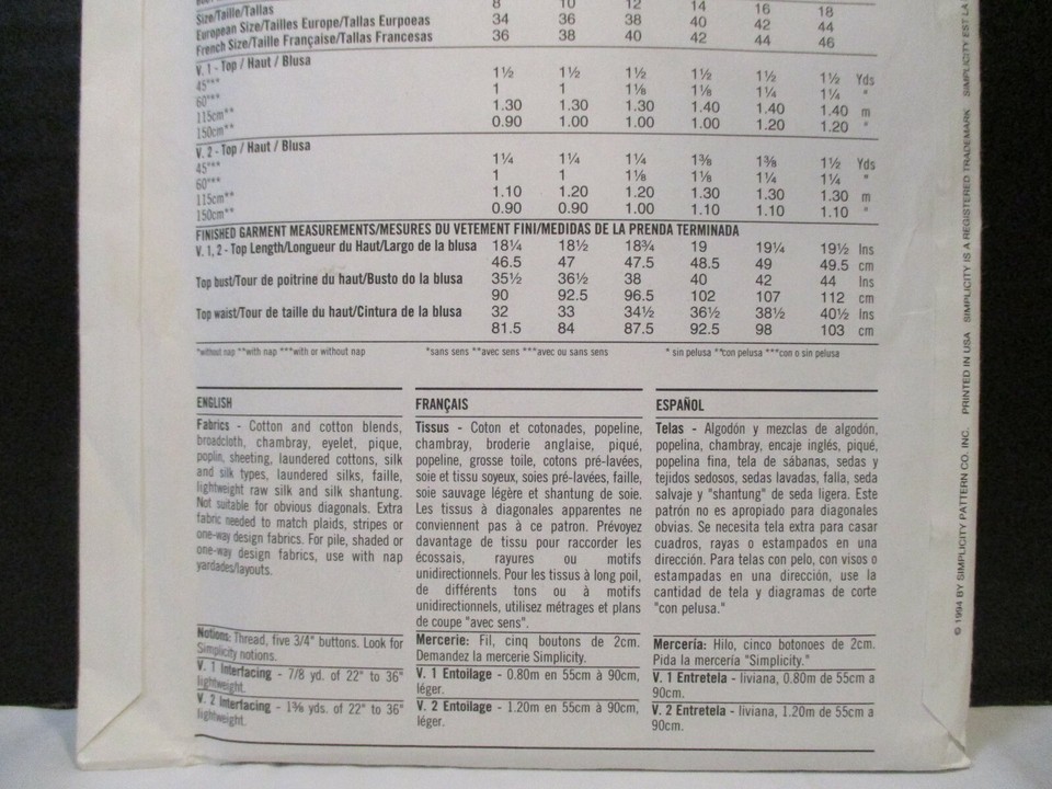 Simplicity Patten 9012 Miss Size A (8-18) Top With Without Sleeves Cut ...