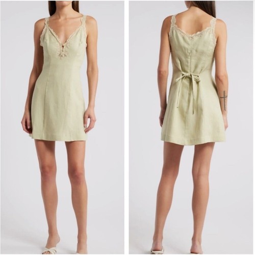 Reformation Kaya Lace Trim V-Neck Linen Mini Dress in Dried Herbs size ...