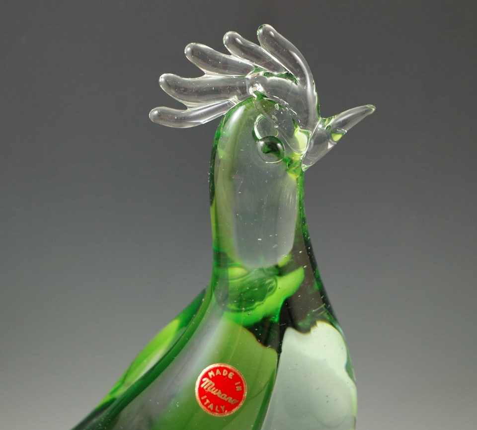 1960's MURANO GLASS seguso ROOSTER FIGURINE SOMMERSO GREEN 11" ORIG ...