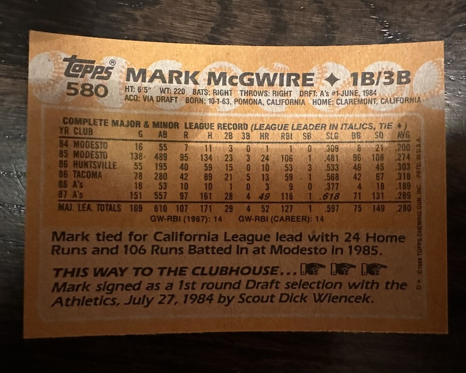 Topps Baseball Card Rookie Mark McGwire #580 Rare Error Card | eBay