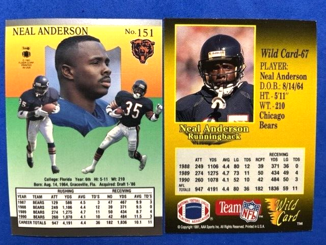 NFL - Neal Anderson 1991 Fleer Ultra & 1991 Wild Card Football - Bears ...
