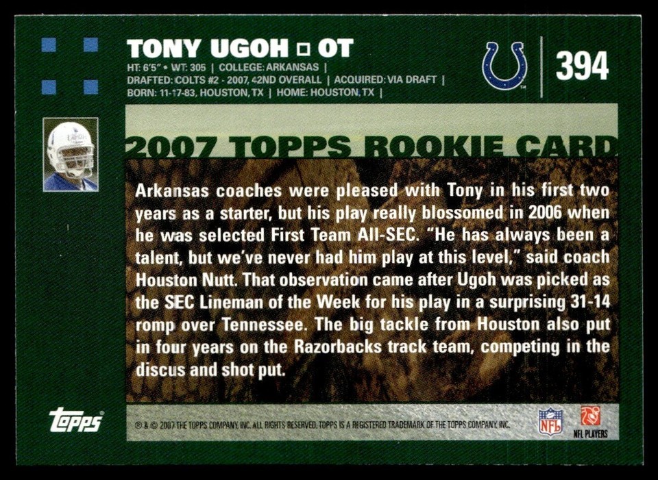 2007 Topps Tony Ugoh Rookie Indianapolis Colts #394 | eBay