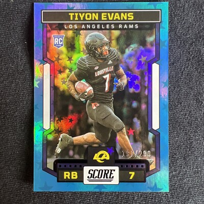 2023 Panini Score Football #328 Tiyon Evans RC Rams Blue Foil Stars ...