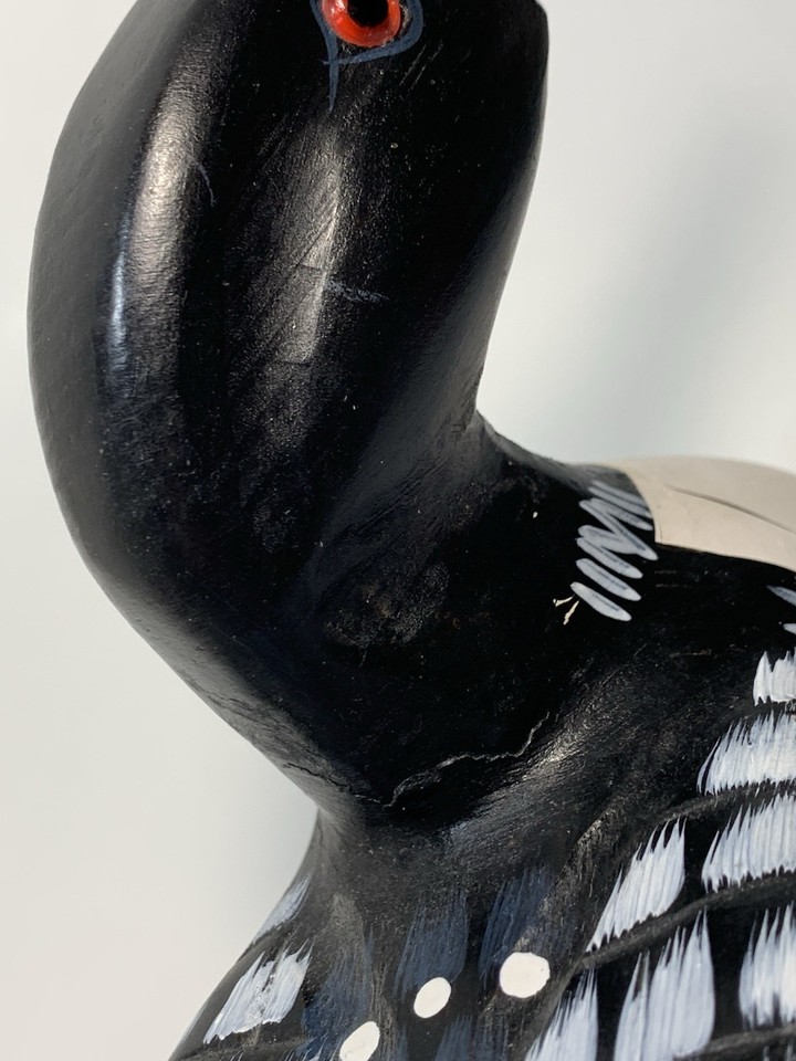 Hand Painted Artisan Carved Solid Wood Body Loon Decoy Red Glass Eyes ...