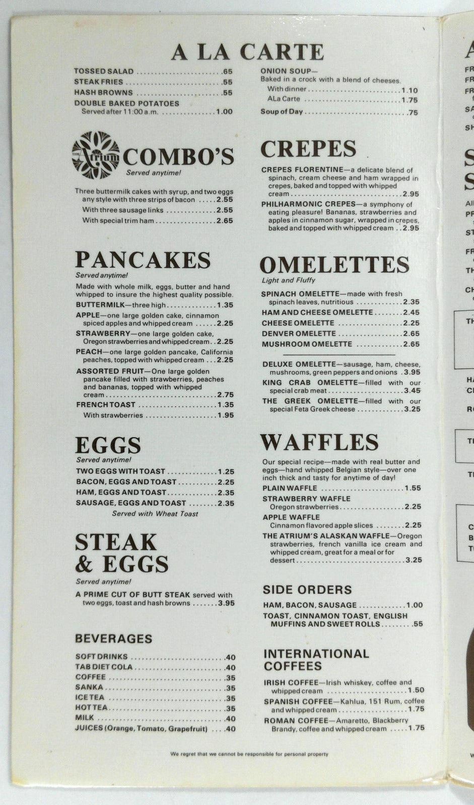 1960's Original Vintage Large Menu THE ATRIUM Restaurant Rockford ...