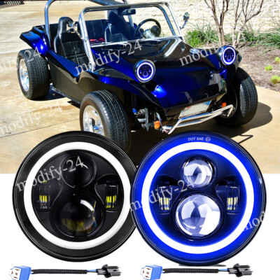 Pair 7'' Round LED Headlights Blue DRL Hi/Lo Beam Fit VW Dune Buggy ...