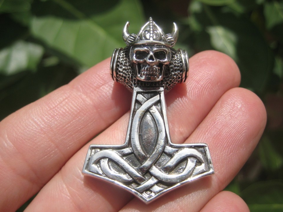 925 Silver Viking Skull Helmet Mjolnir Mjolhner Hammer of Thor Pendant ...