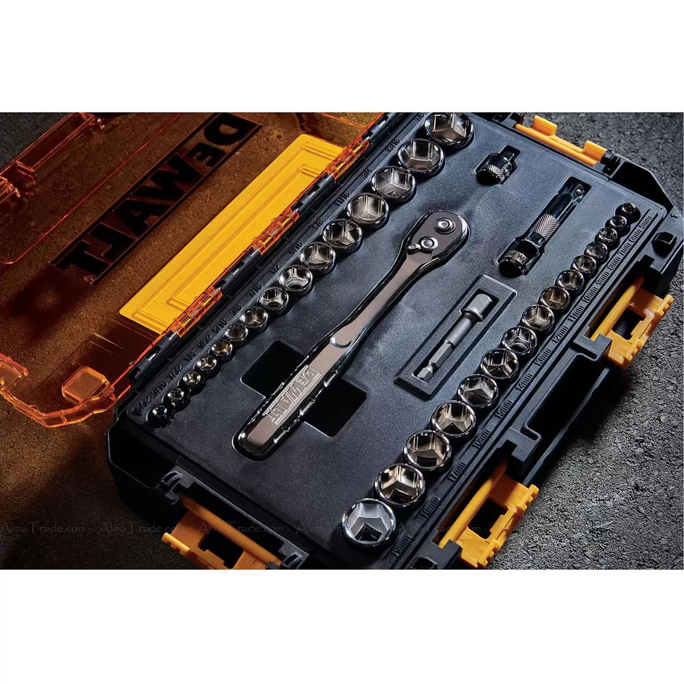 DeWalt 34 Piece Mechanics Socket Set Spanner Ratchet Drive Tool Case ...