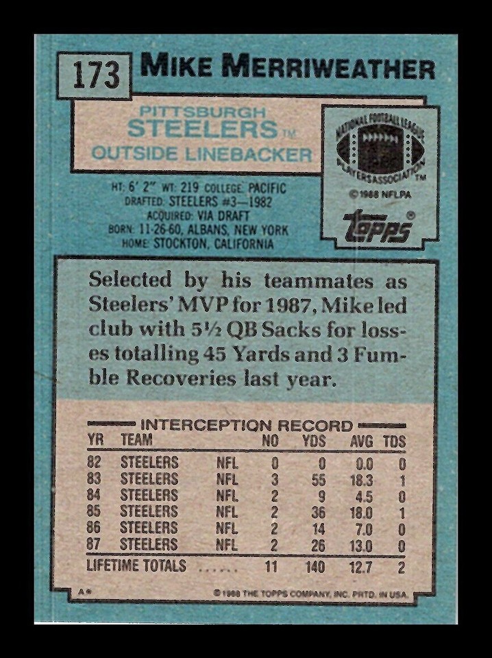 1988 TOPPS NFL Football Trading Card #173/MIKE MERRIWEATHER, Pittsburgh ...