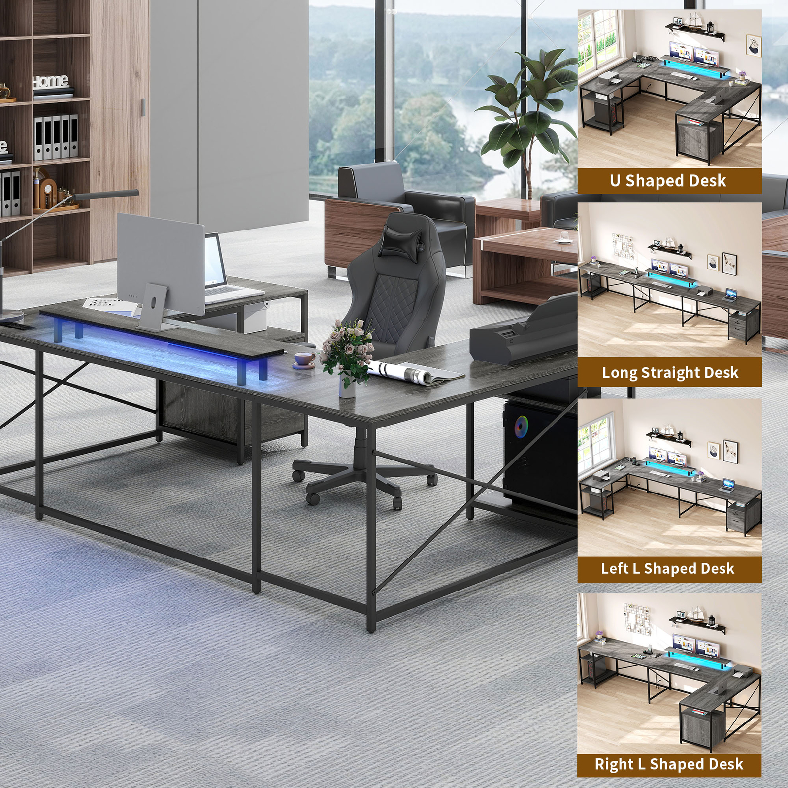 79" L-Shaped Desk U Shaped Gaming Desk Computer Desk with LED Strip ...