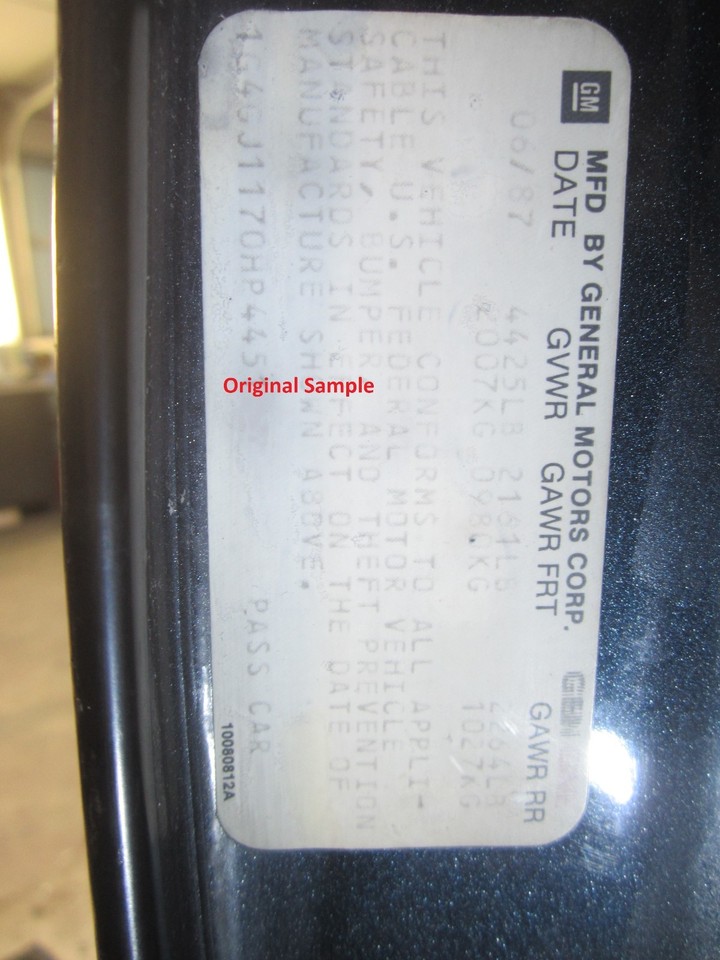 1987 Buick GM VIN Door Decal Sticker Date & VIN Printed, Grand National ...