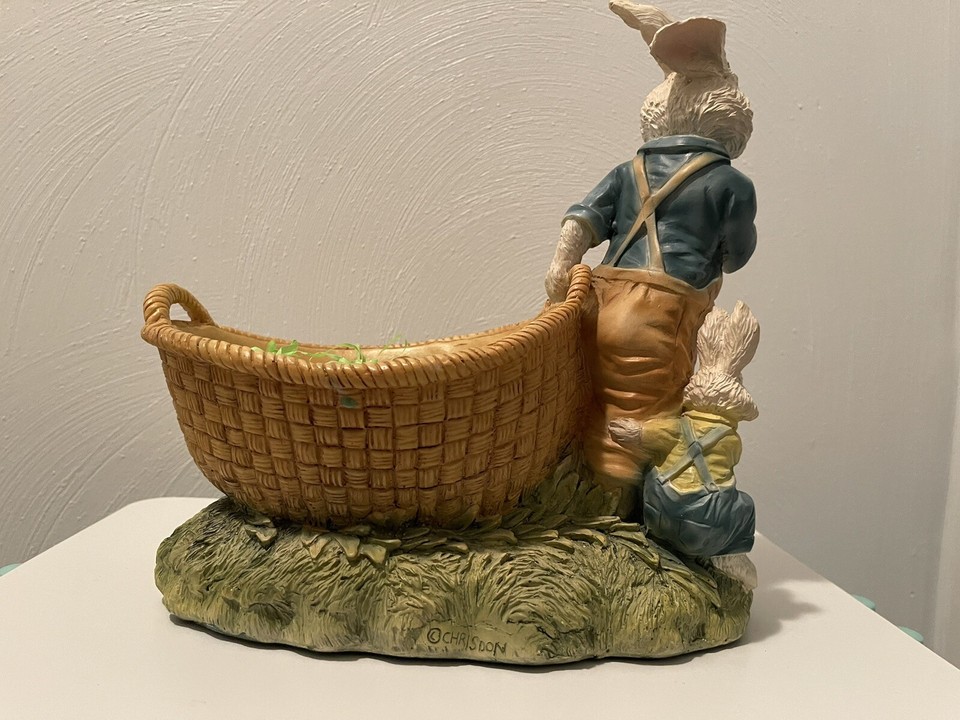 Vintage Chrisdon Bunny Rabbit w/Child & Basket Resin Figurine RARE Shhh ...