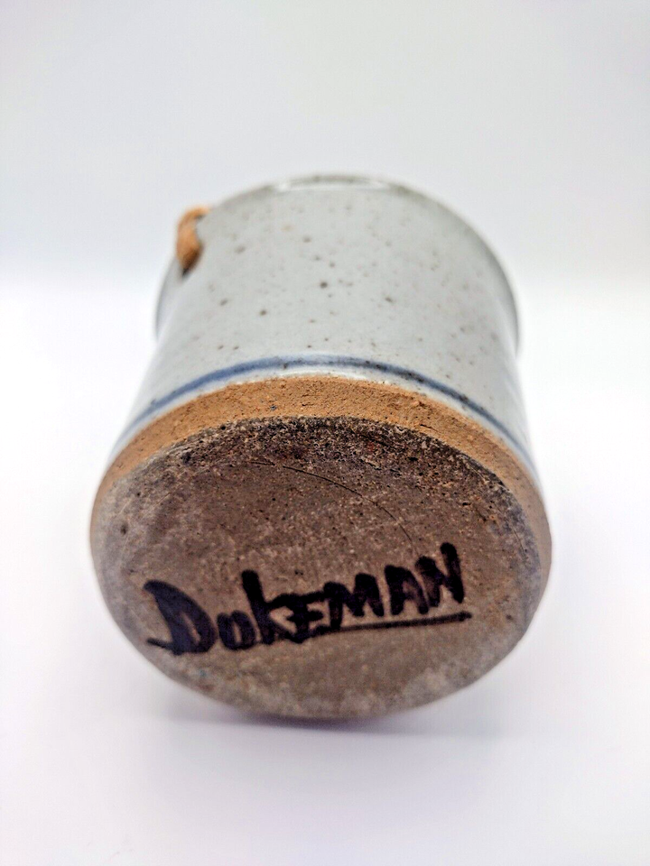 Signed Terry Dukeman Blue Grey Speckle Bucket Dish Pottery with Bamboo ...