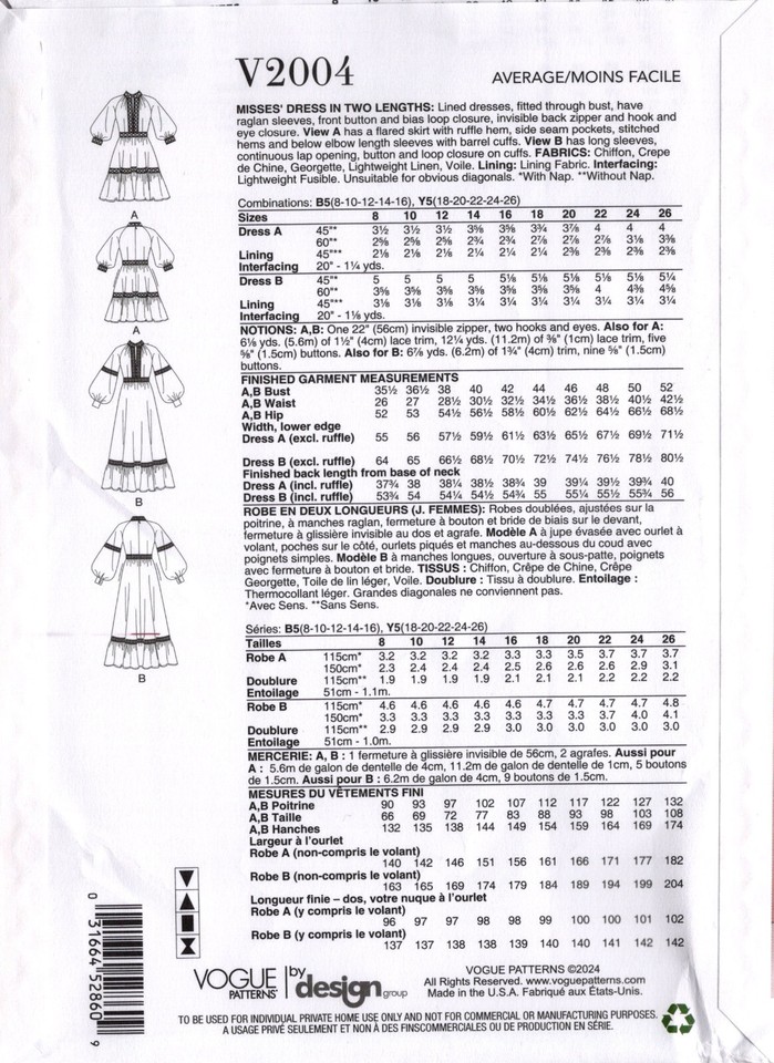 Vogue 2004 Dress Cottagecore 2 Lengths Raglan Sleeves Sewing Pattern ...