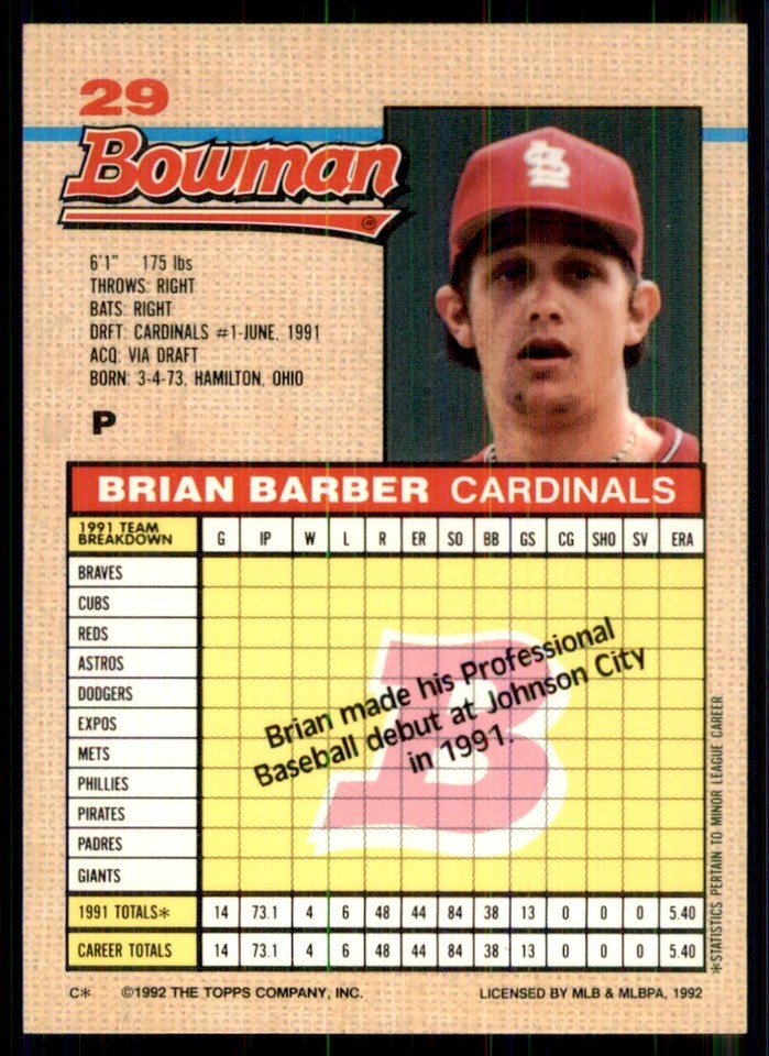 1992 Bowman Brian Barber RC St. Louis Cardinals #29 | eBay