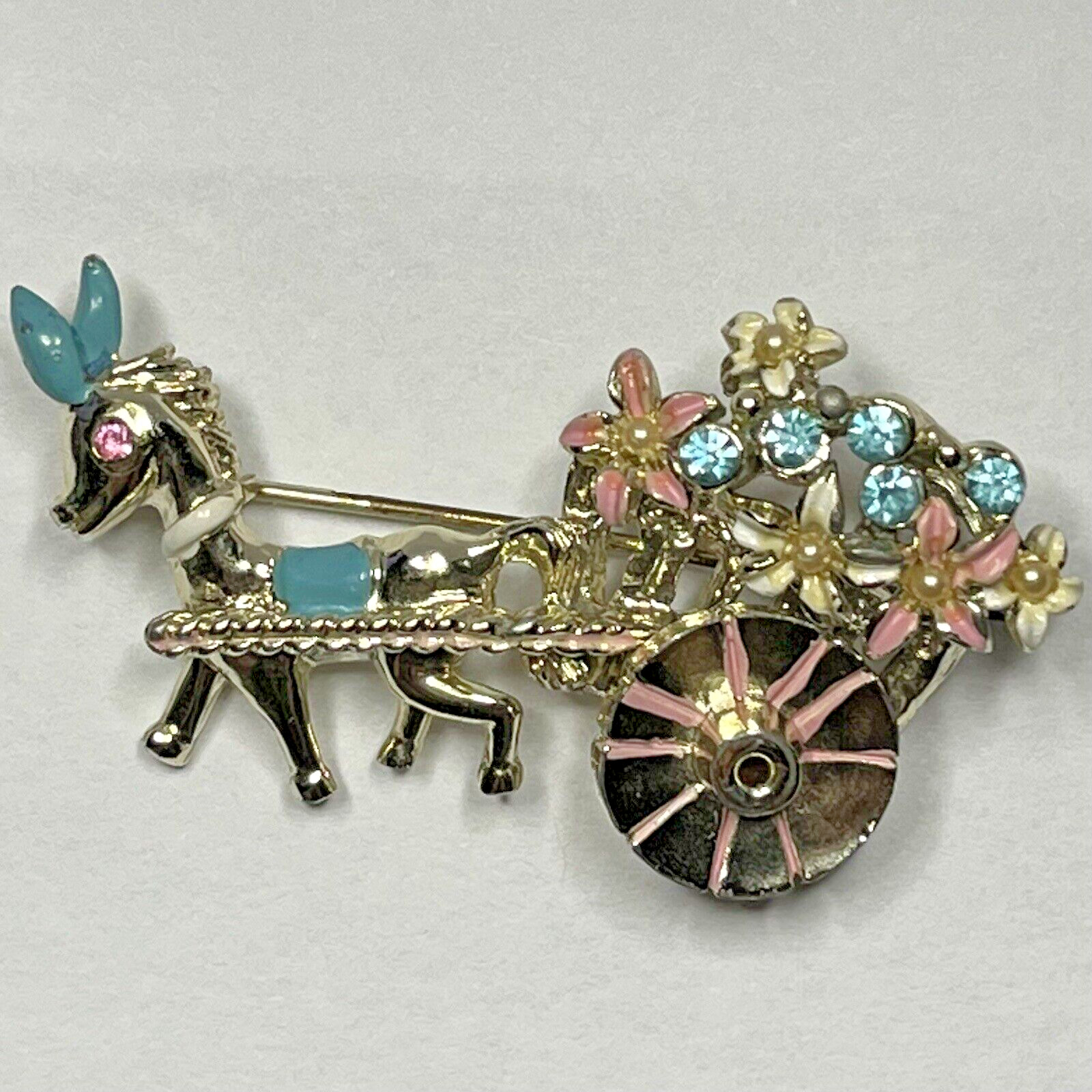 Brooch Pin Donkey Flower Cart Vintage Jewelry Circa 1… - Gem