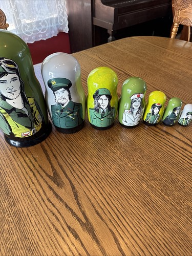 7 Piece Russian Nesting Dolls Green Military Hand Painted Golden ...