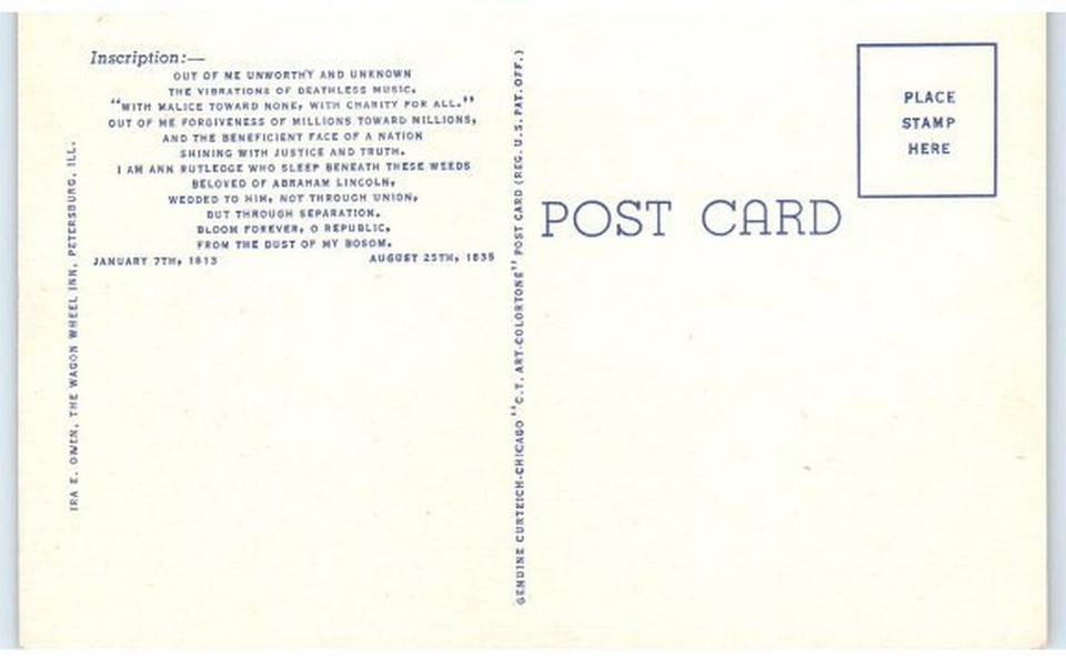 ca. 1945 Grave of ANN RUTLEDGE, St. Petersburg, Illinois Linen POSTCARD ...