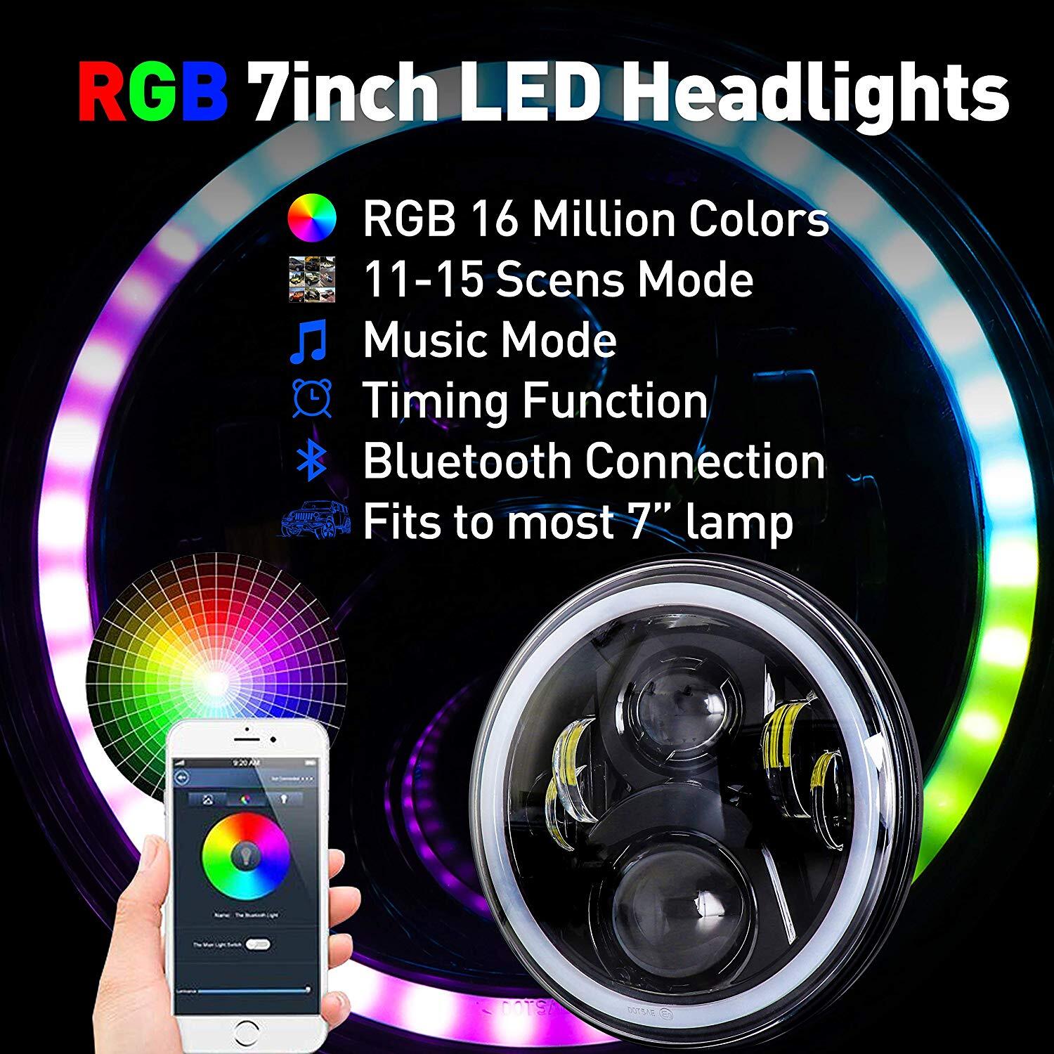 7''Inch RGB Halo LED Headlights DRL Lights Combo For Jeep Wrangler GQ ...