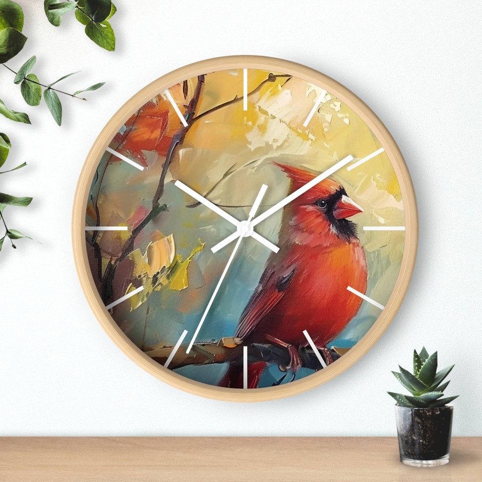 Round Modern Wall Clock Cardinal Tree Bird Silent Analog Clock 10" Wood ...