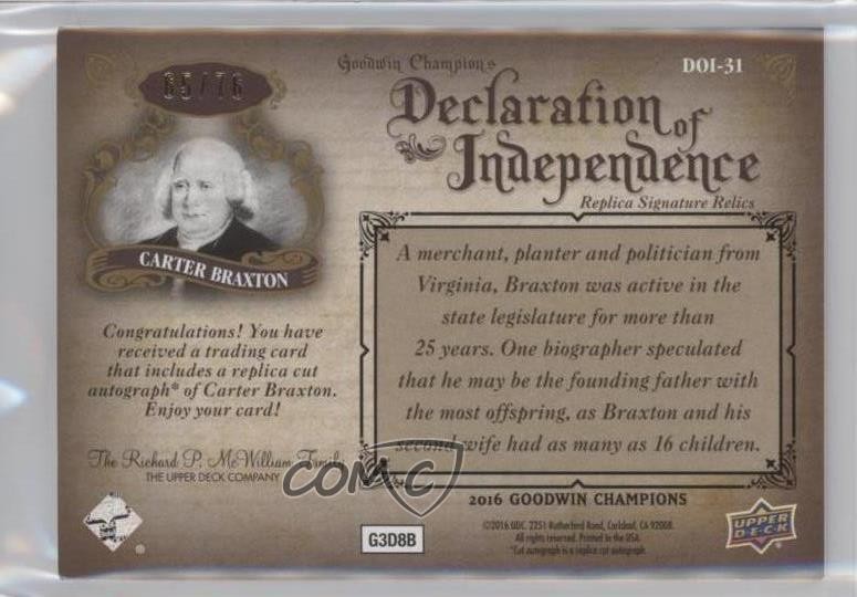 2016 Upper Deck Goodwin Champions 65/76 Carter Braxton #DOI-31 0w6 ...