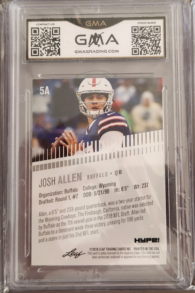 2018 LEAF HYPE FOOTBALL #5A JOSH ALLEN ROOKIE CARD RC GMA 10 GEM MT | eBay