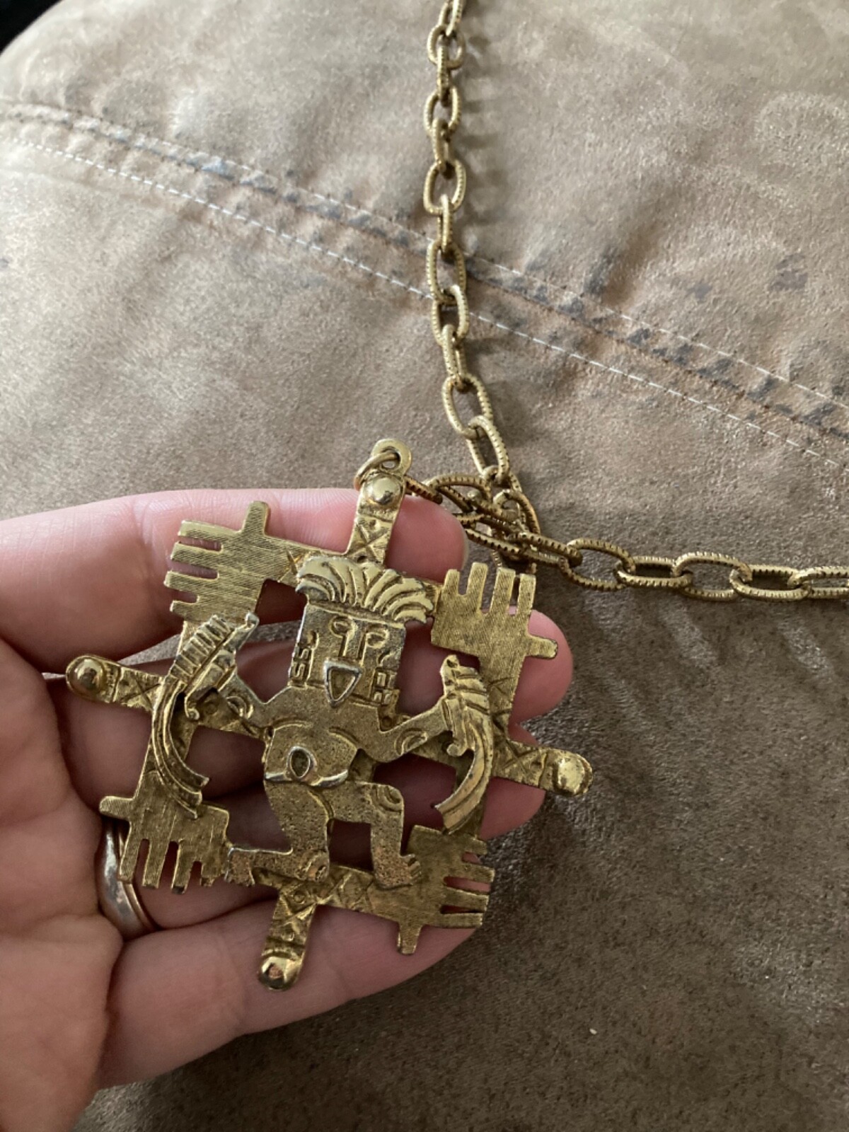Vintage Mayan Figural Fertility Gold Tone Aztec Chain… - Gem