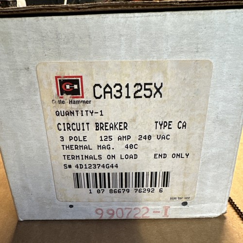 CA3125X CUTLER HAMMER 3 POLE 125AMP 240V CIRCUIT BREAKER NEW IN BOX ...