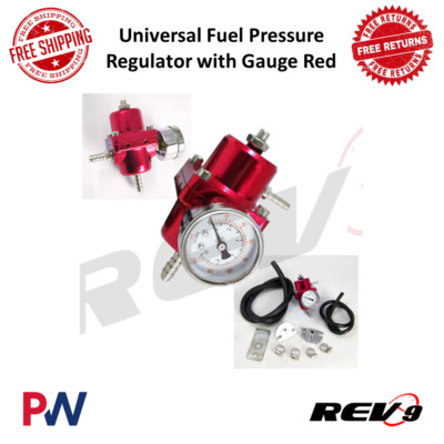 REV9 Adjustable Fuel Pressure Regulator With Gauge Red Universal Fit # ...