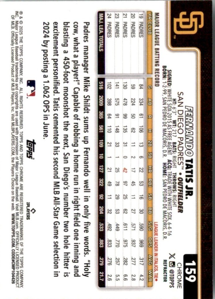 Fernando Tatis Jr. 2025 Topps Chrome Refractor #159 San Diego Padres | eBay