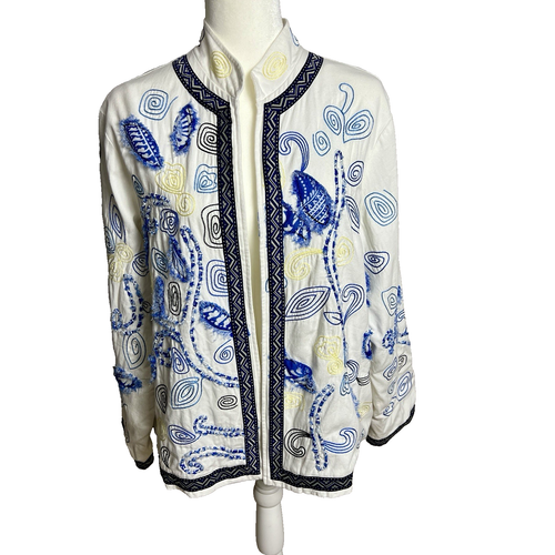 Drapers & Damons Jacket Sz XL Open White Blue Whimsical MultiMedia ...