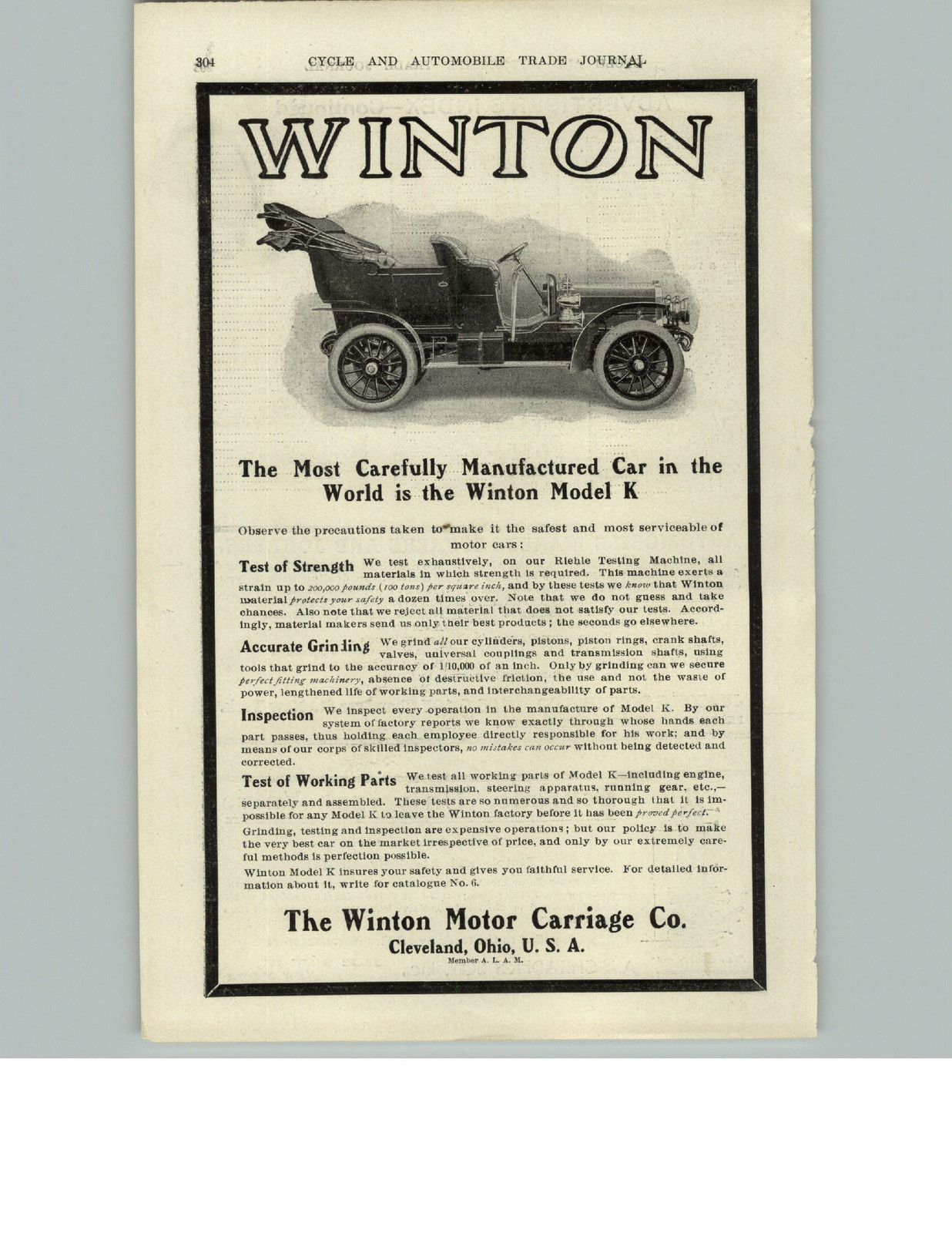 1905 PAPER AD Winton Motor Carriage Co Cleveland Model K Car Auto ...