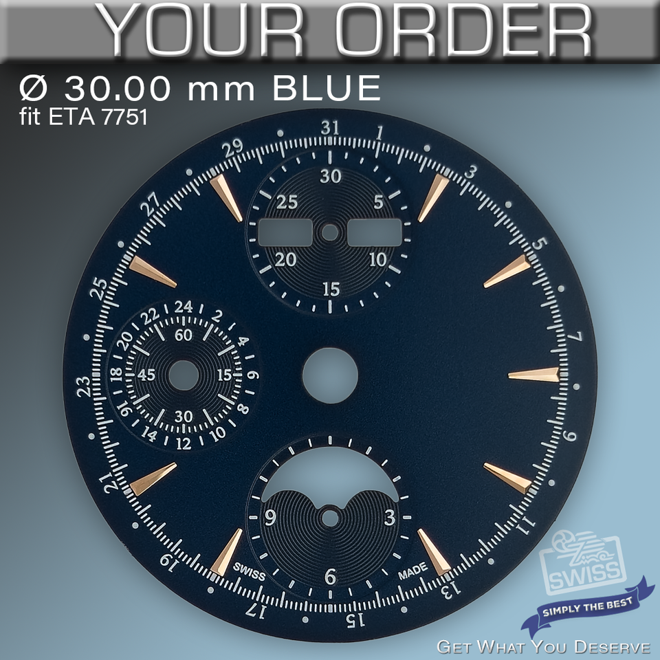 DIAL FIT MOVEMENT ETA VALJOUX 7751, Ø 30.0 mm, BLUE WITH DAY DATE ...