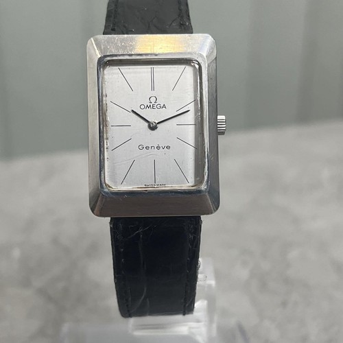 Omega Rectangular Hand-Wind Watch Silver Dial Black Strap Men's Women's ...