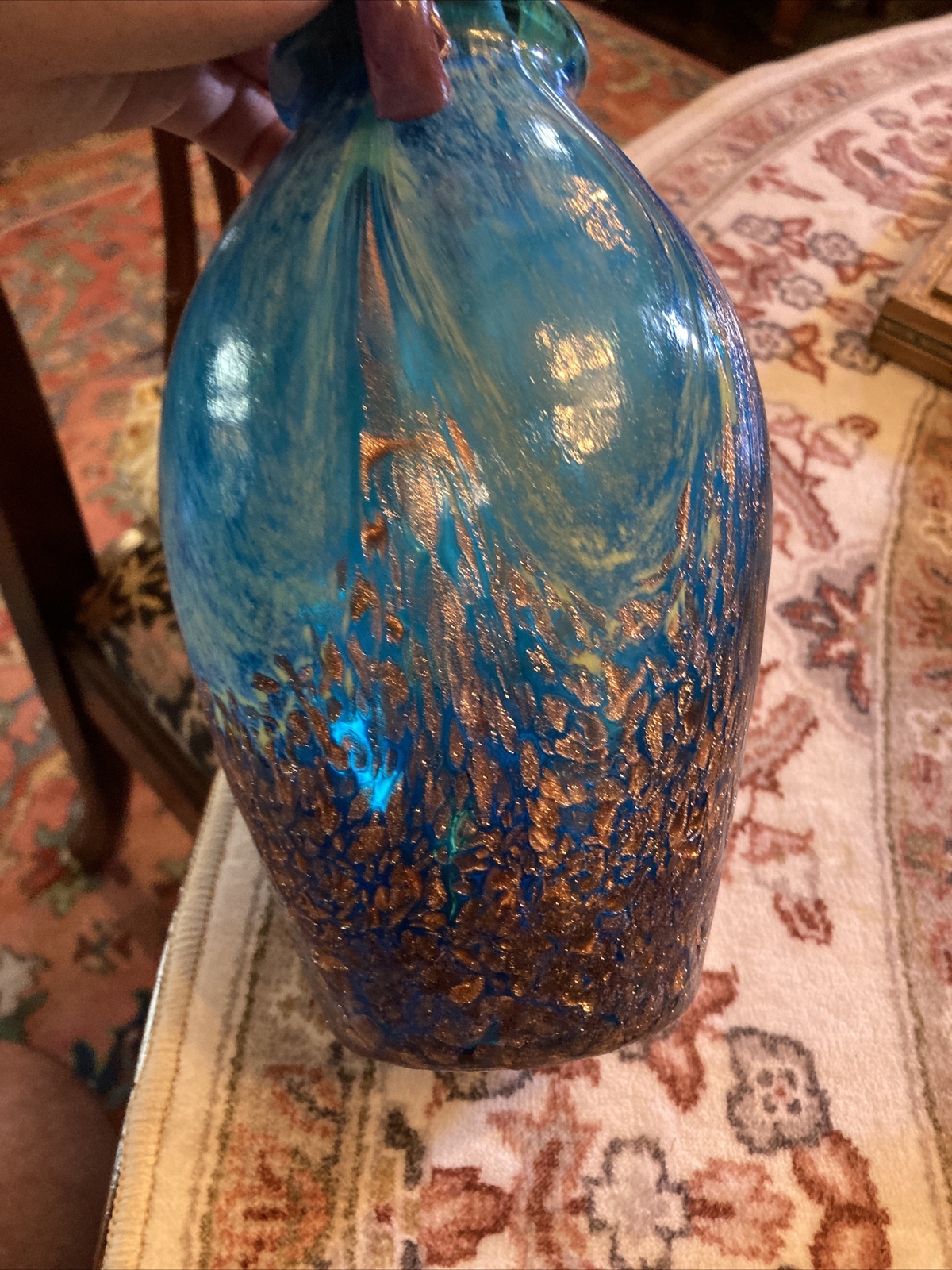 Dale Tiffany~Favrile Art Glass Vase~Amphora Shape~Teal Blue with Copper ...