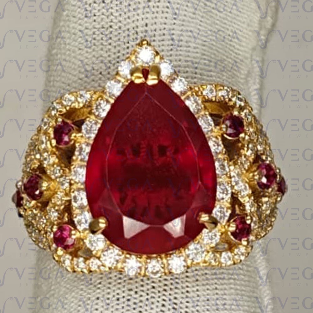 6.60Crt Pear Natural Red Ruby & Diamond 100% 14k SOLID Yellow Gold ...