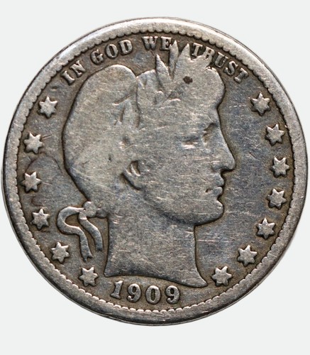 US 1909 Barber Quarter Dollar Silver 25 Cent Coin Philadelphia United ...
