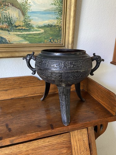 Vintage Chinese Cast Iron Archaic Style Three Footed Censer 8" Tall ...