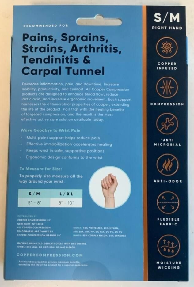 NEW Copper Compression Copper Infused SMALL/MEDIUM Right Hand Wrist ...