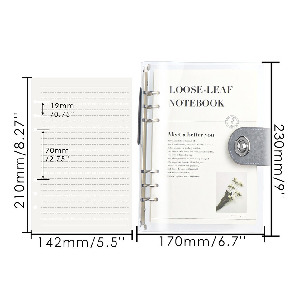 Clear A5 Refillable Notebook Binder with 90 Sheet Lined Paper Lock ...