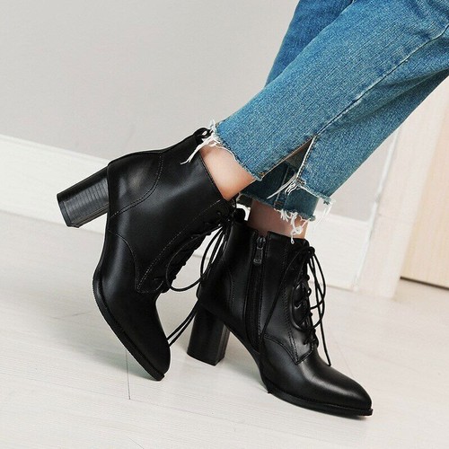 Fashion Women Lace Up Ankle Boots Spring Short Boot Thick Heel Pumps ...