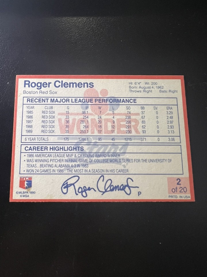 1990 Wonder Bread Stars - #2 Roger Clemens Boston Red Sox | eBay