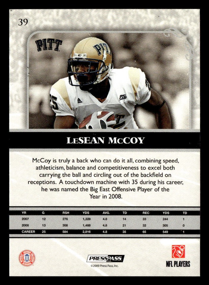 LeSean McCoy 2009 Press Pass Legends /899 Card #39 Pittsburgh Panthers ...