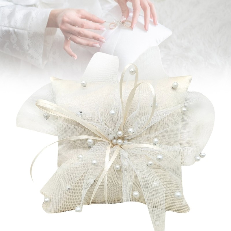 Wedding Rings Bearer Pillow Bows Pearls Delicate Cushion Bows White ...