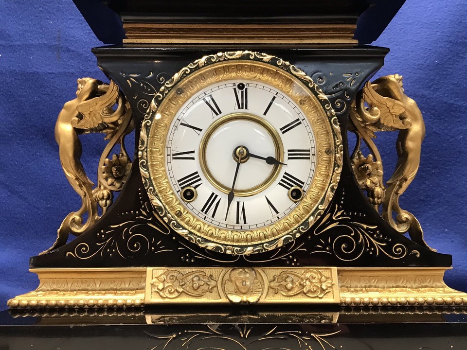 1882 VINTAGE ANTIQUE CAST IRON ANSONIA ROSALIND,ANGEL,STRIKES CLOCK, | eBay